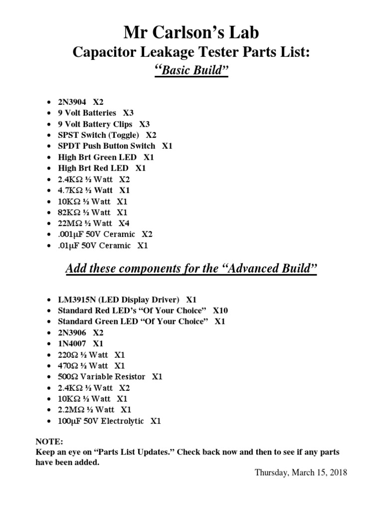 MR Carlson's Lab: Capacitor Leakage Tester Parts List | PDF
