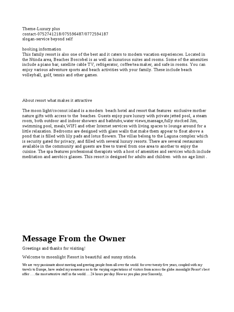 Message From The Owner | Download Free PDF | Resort | Hotel