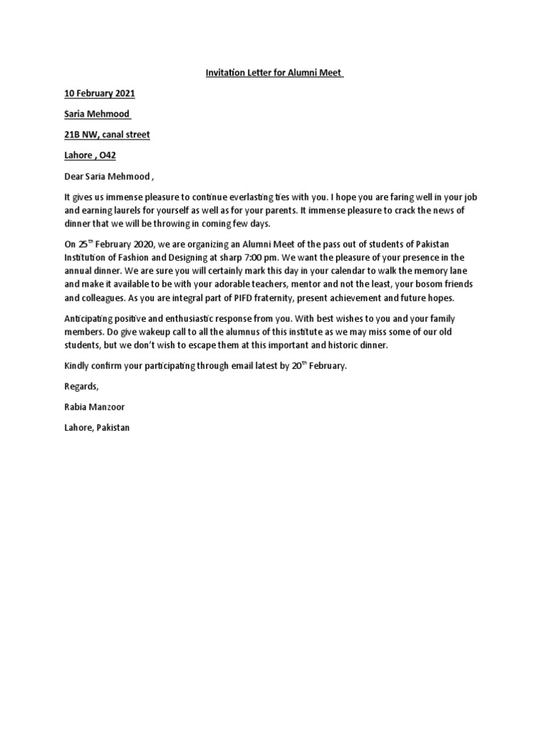 Invitation Letter For Alumni Meet | PDF