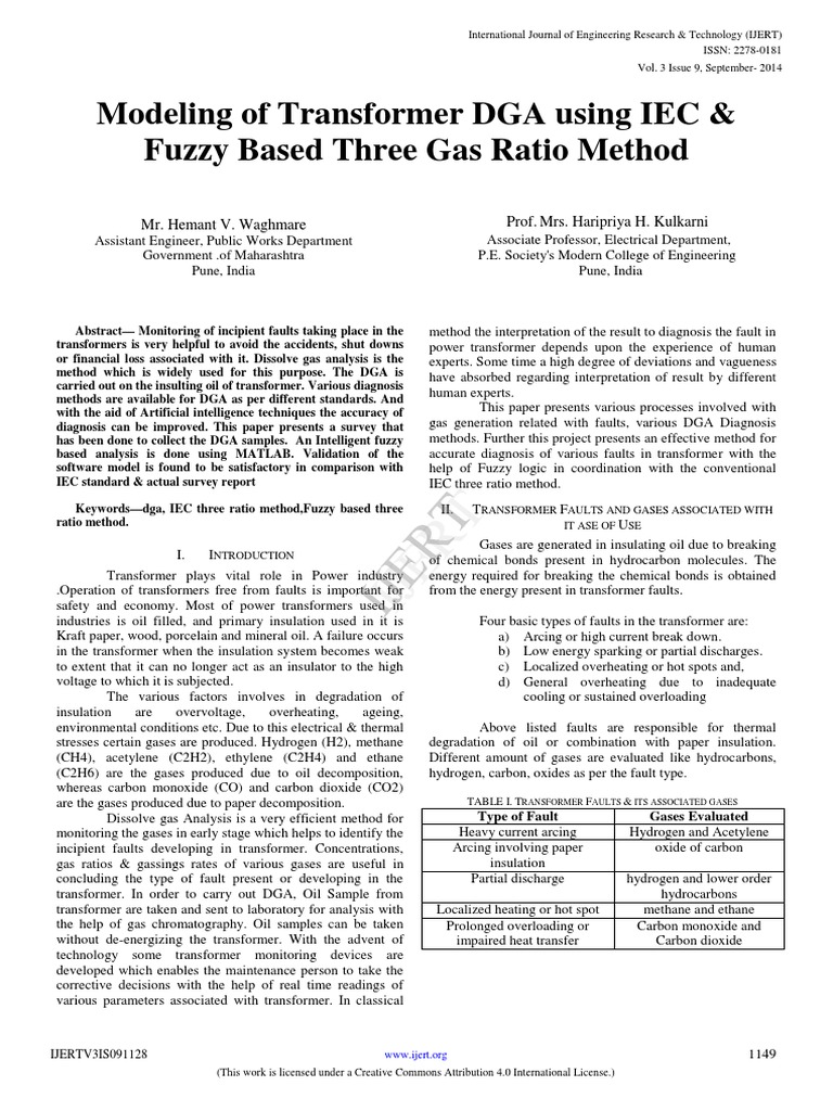 Modeling of Transformer Dga Using Iec Fuzzy Based Three Gas Ratio Method IJERTV3IS091128 | PDF ...