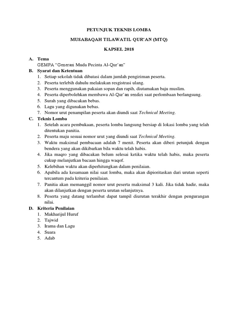 Petunjuk Teknis Lomba MTQ | PDF