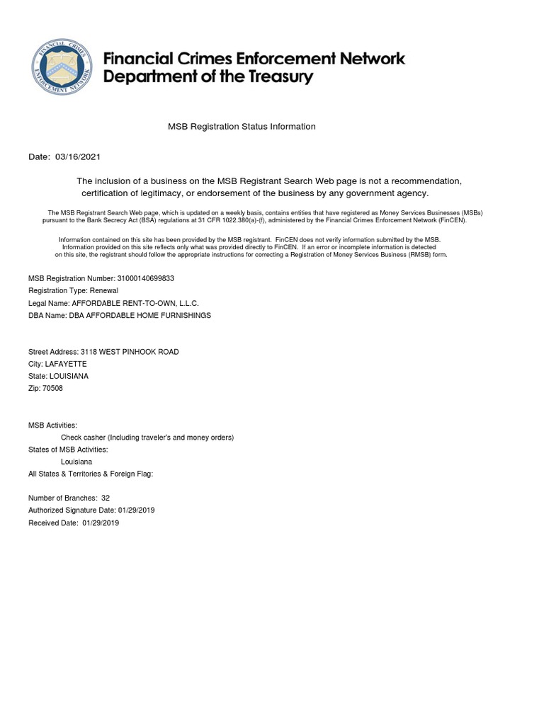 MSB Registration Status Information | PDF