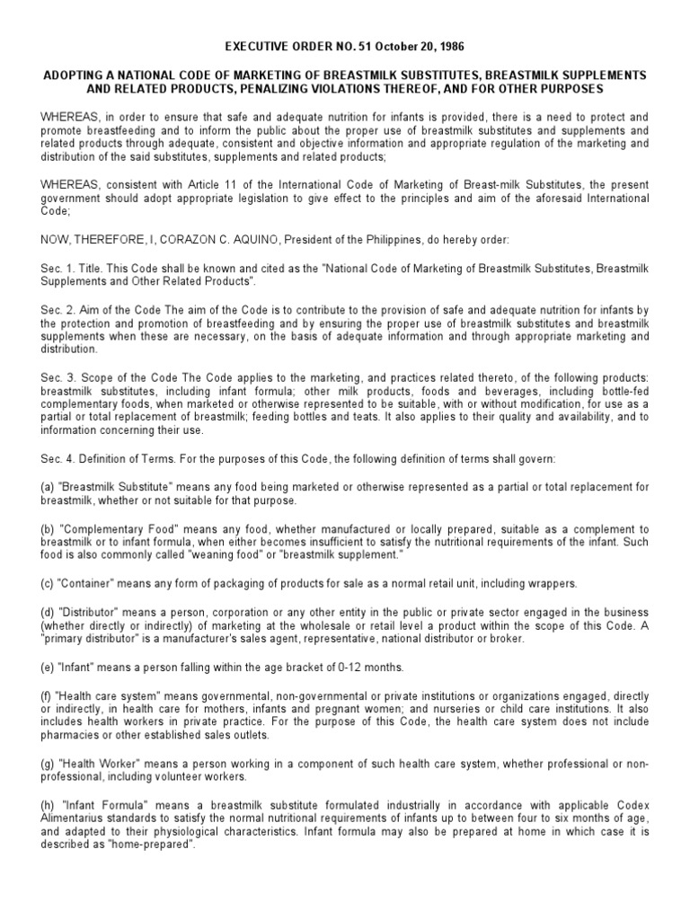 Executive Order No. 51 | PDF | Infant Formula | Breastfeeding