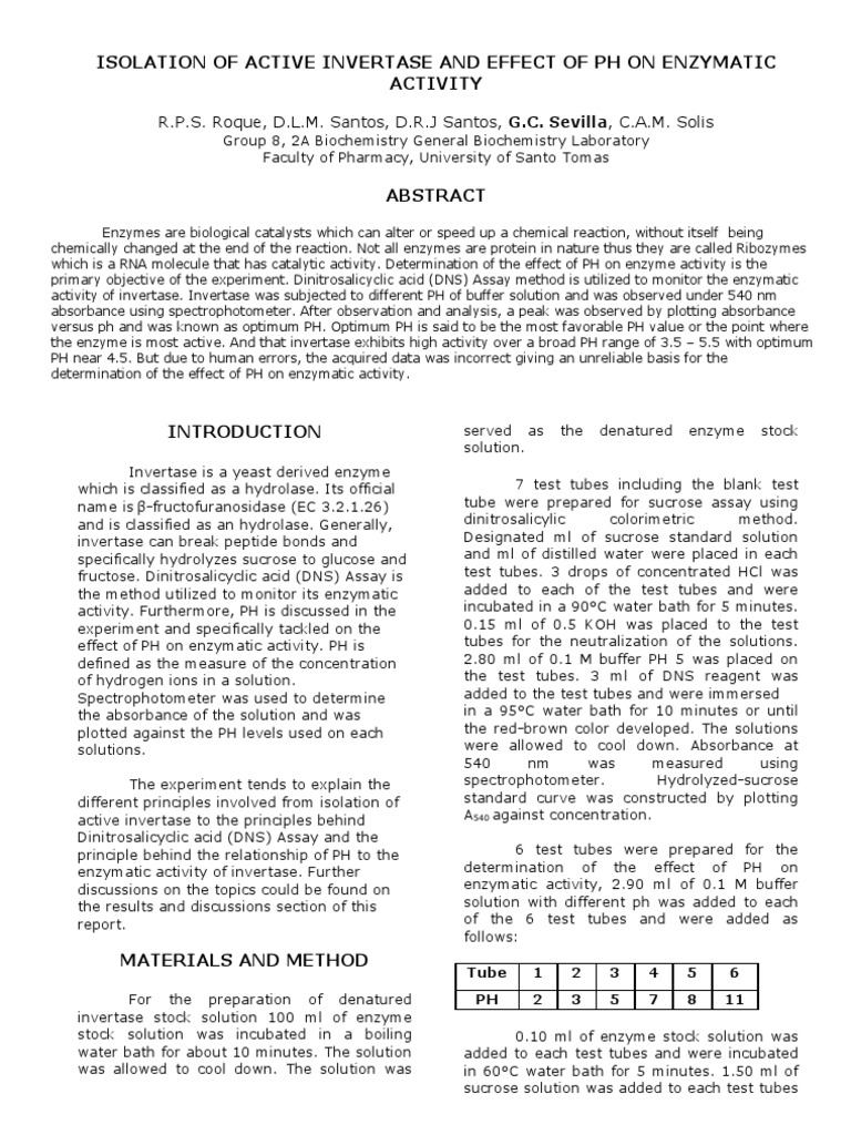 Isolation of Active Invertase and Effect of PH On Enzymatic Activity ...