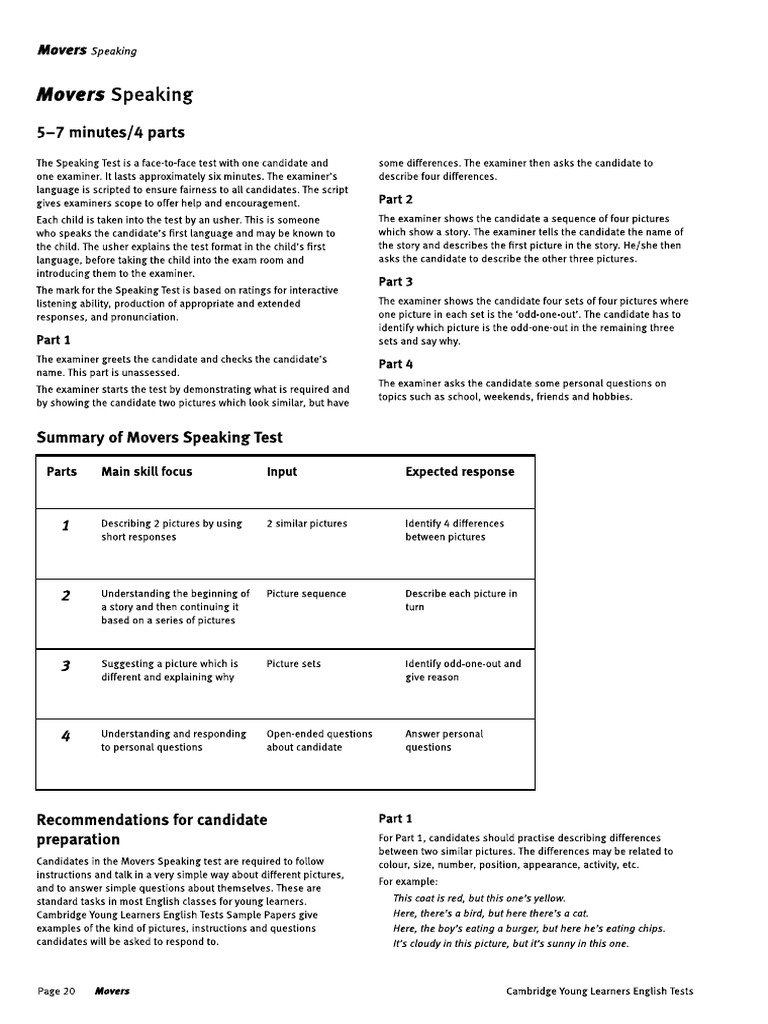 Movers Grammar Structures and Vocabulary List | PDF