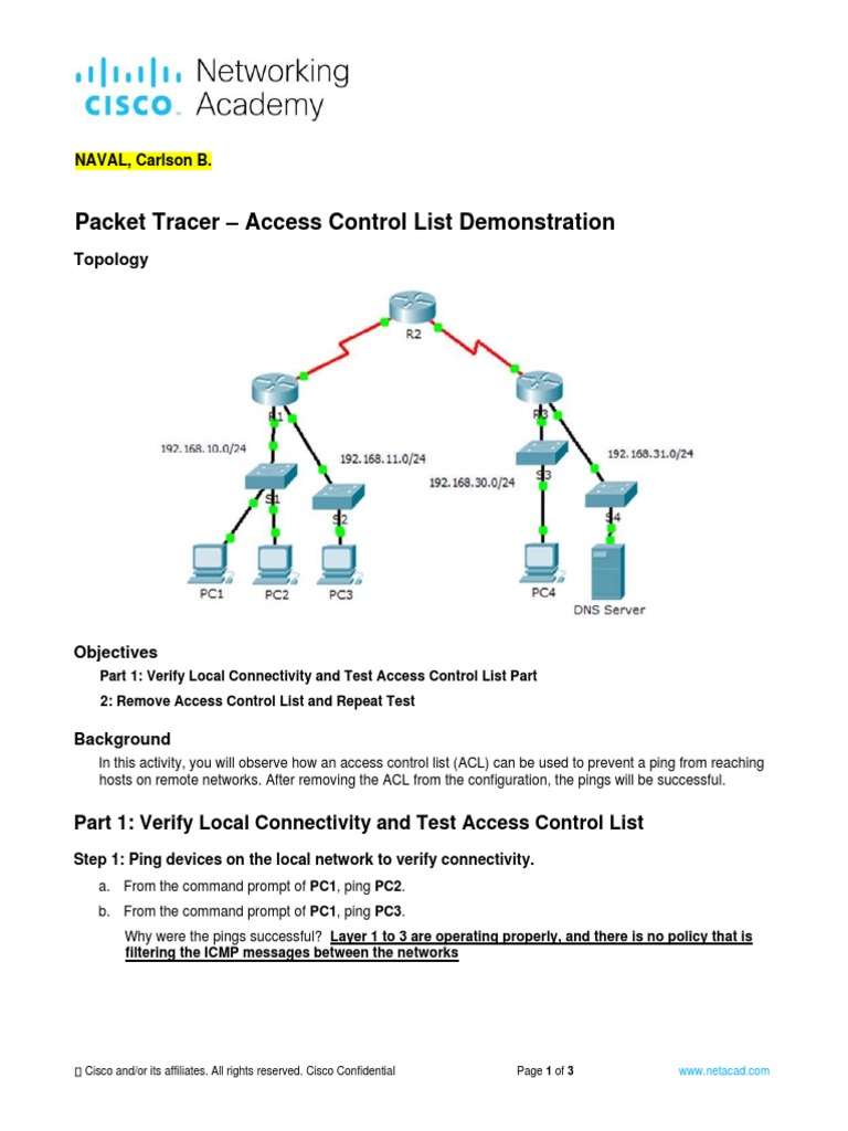 5.2.2.4 Packet Tracer - ACL Demonstration - NAVAL | PDF | Internet Protocols | Router (Computing)