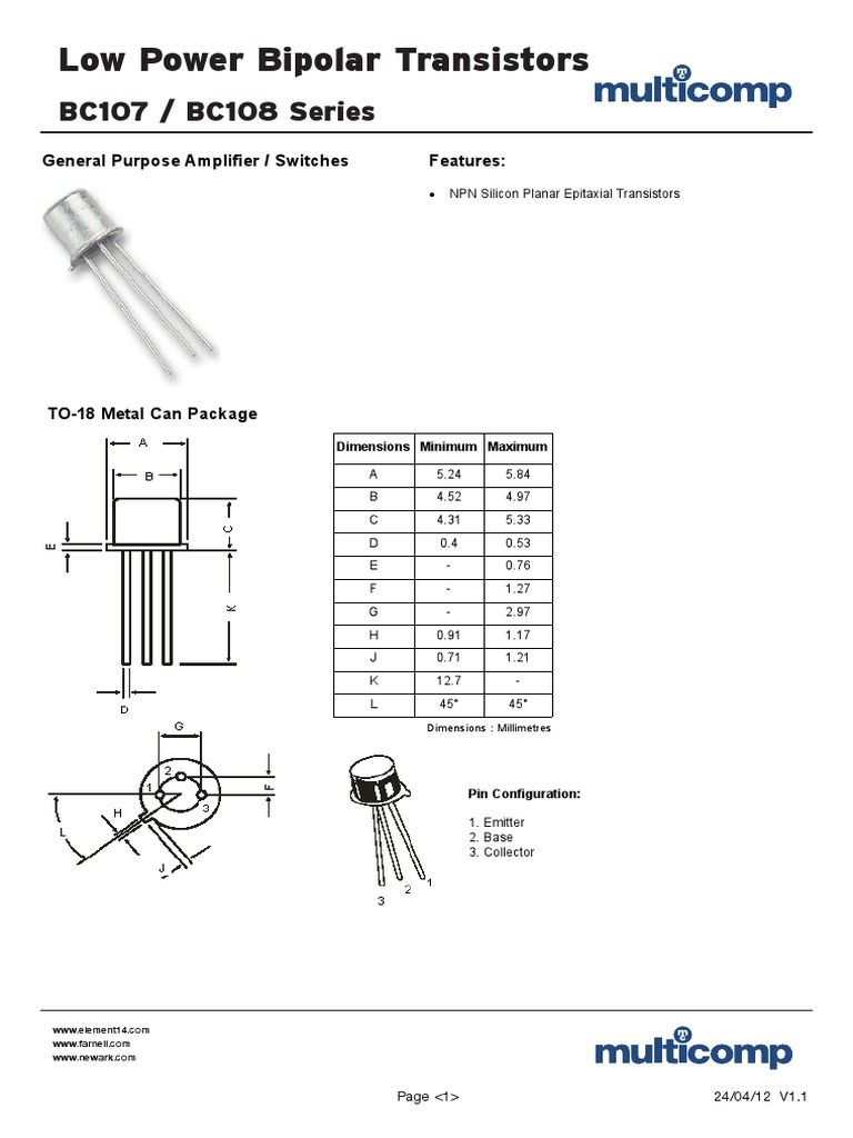 Low Power Bipolar Transistors: BC107 / BC108 Series | Download Free PDF ...
