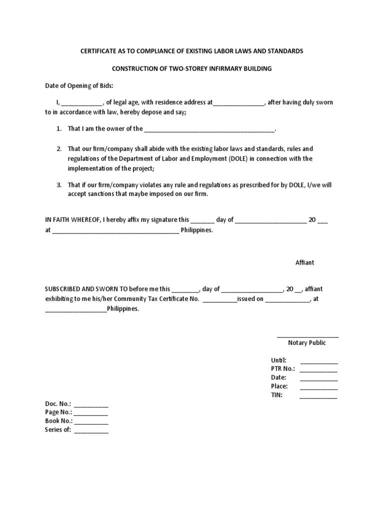 Labor Law Compliance Certificate for Infirmary | PDF | Finance & Money ...