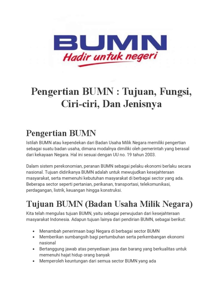 BUMN: PENGERTIAN, TUJUAN, FUNGSI, CIRI-CIRI DAN JENIS | PDF