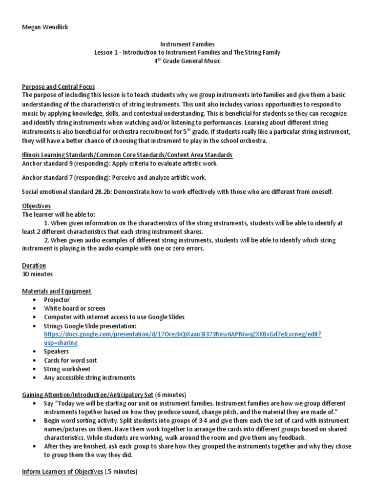 Instrument Families Lesson Plans For Learning Segment | PDF | String ...