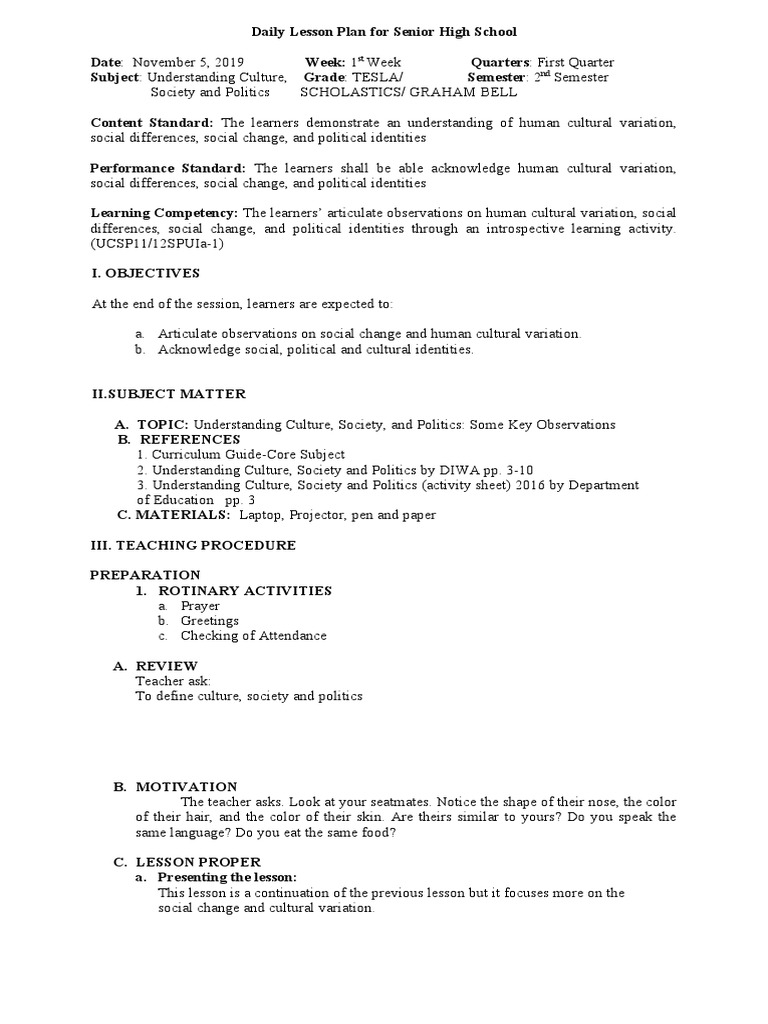 Week 1 - 2nd Day | PDF | Teachers | Lesson Plan