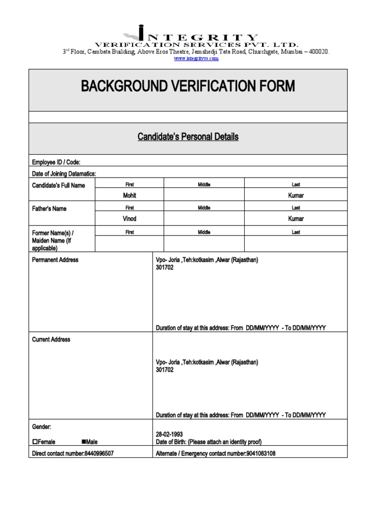 Background Verification Form: Candidate's Personal Details | PDF | Business