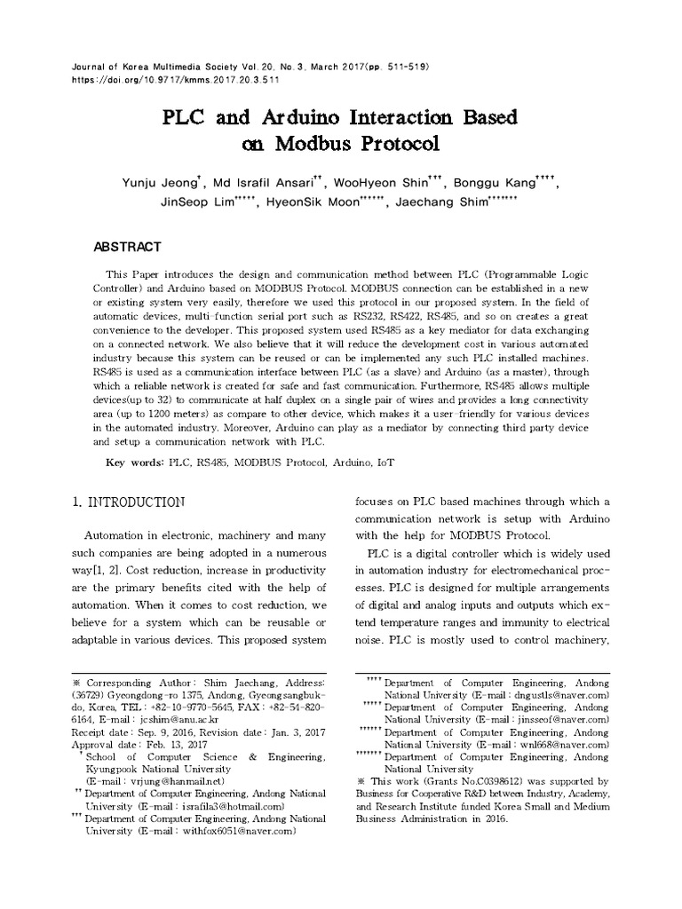 Plc And Arduino Interaction Based On Modbus Protocol Pdf Programmable Logic Controller 2734