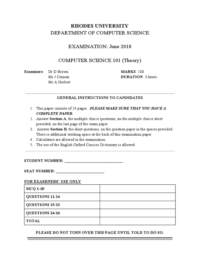 Computer Science 101 Exam June 2018 | PDF | Theoretical Computer ...