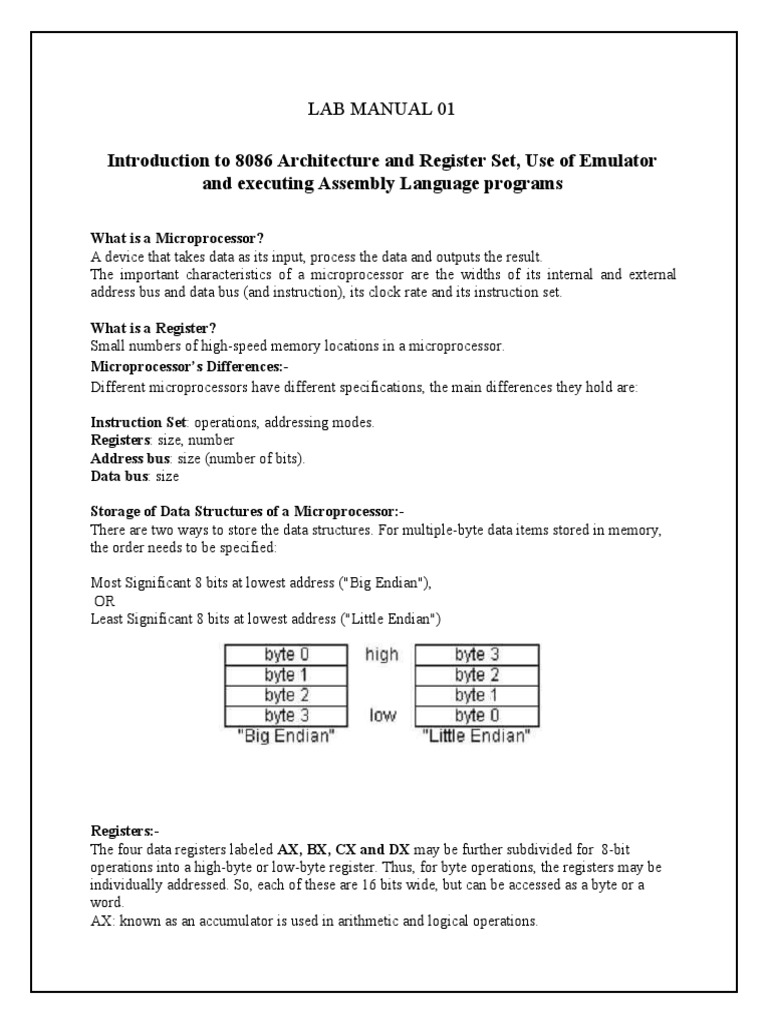 Introduction To 8086 Architecture and Register Set, Use of Emulator and ...