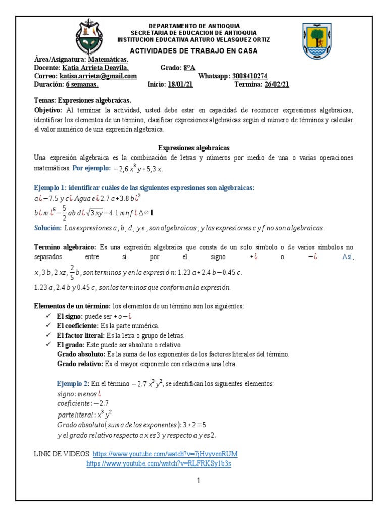 KATIA MATH 8A EXPRESIONES ALGEBRAICAS Ene18-Feb26 | PDF | Fórmula | Ciencia computacional