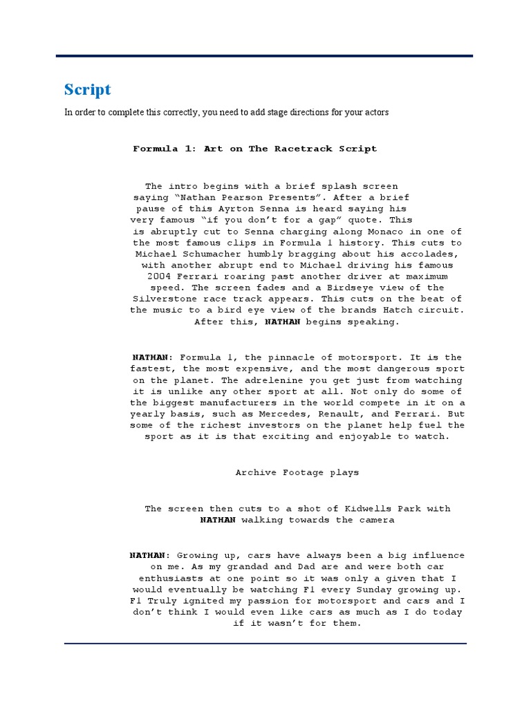 Script For | PDF | Formula One | Formula Racing