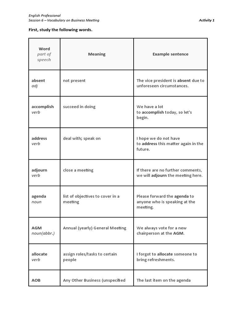 S6 - Business Meeting Vocabulary | PDF | Verb | English Language