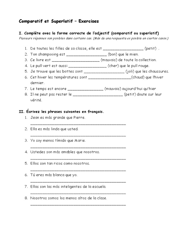 Exercices Comparatif et Superlatif en Français | PDF | Arts du langage ...