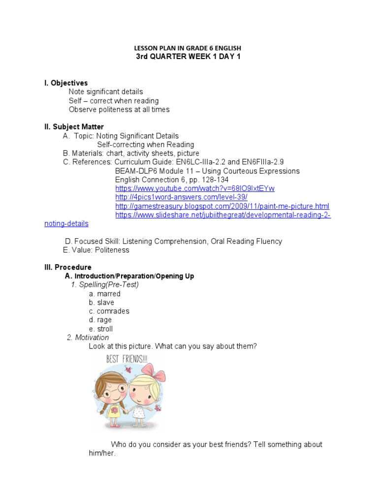 Grade 6 English Q3W1 Lesson Plan | PDF