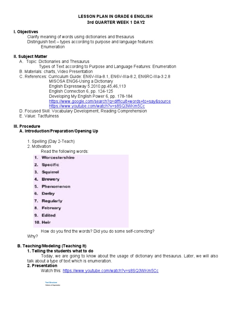 Lesson Plan in Grade 6 English 3Rd Quarter Week 1 Day2 I. Objectives ...