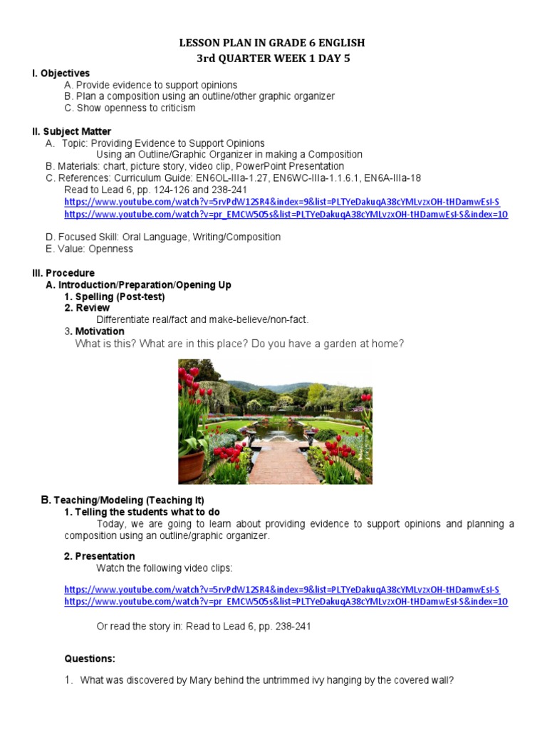 Lesson Plan in Grade 6 English 3Rd Quarter Week 1 Day 5: I. Objectives ...