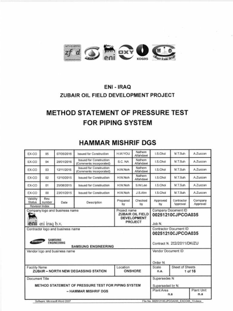 Method Statement of Pressure Test For Piping System | PDF