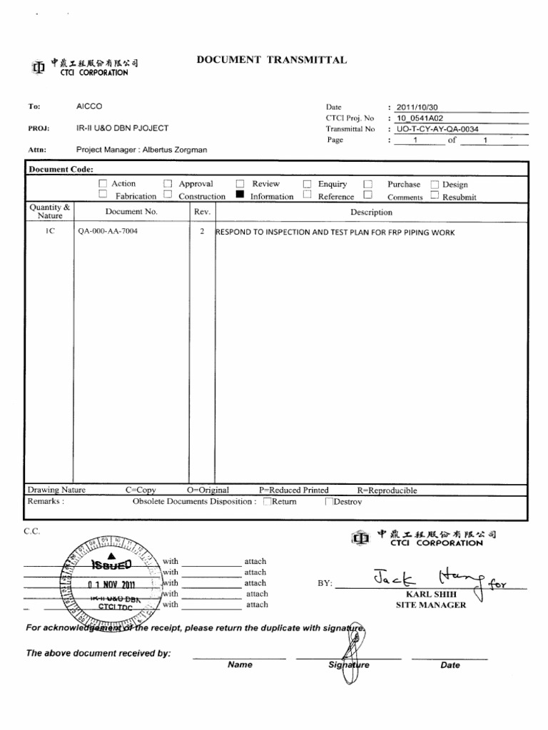 QA-0034 (ITP For FRP Piping Work) | PDF