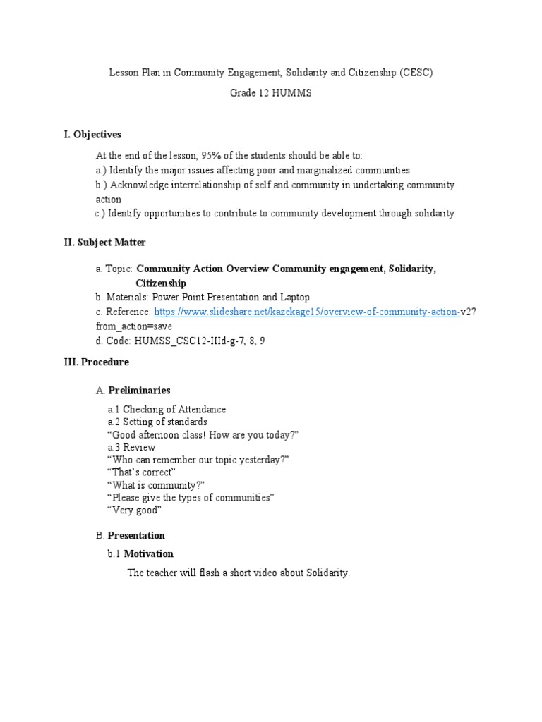 Community Engagement Lesson Plan for Grade 12 | PDF | Community ...