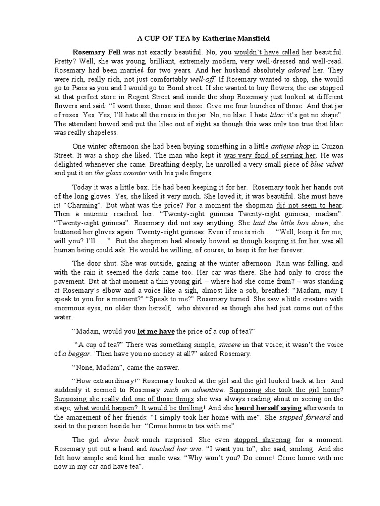 A CUP of TEA by K. Mansfield Text Exercises | PDF