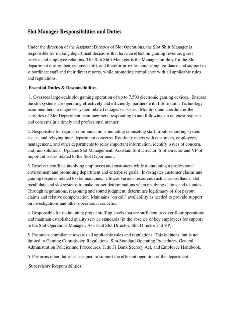 Slot Manager Responsibilities and Duties | Download Free PDF | Slot ...