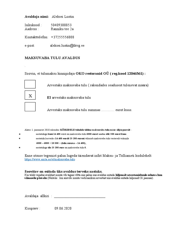 2019 Maksuvaba - Miinimumi - Avaldus | PDF