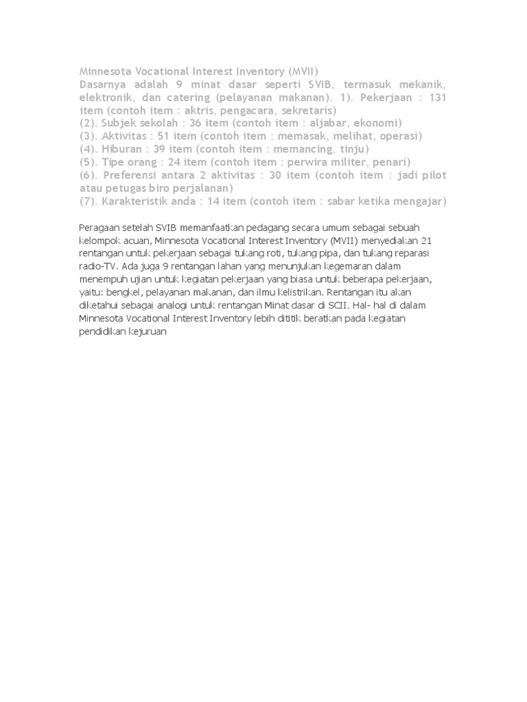 Minnesota Vocational Interest Inventory | PDF