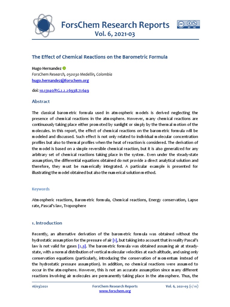 The Effect of Chemical Reactions On The Barometric Formula | PDF ...
