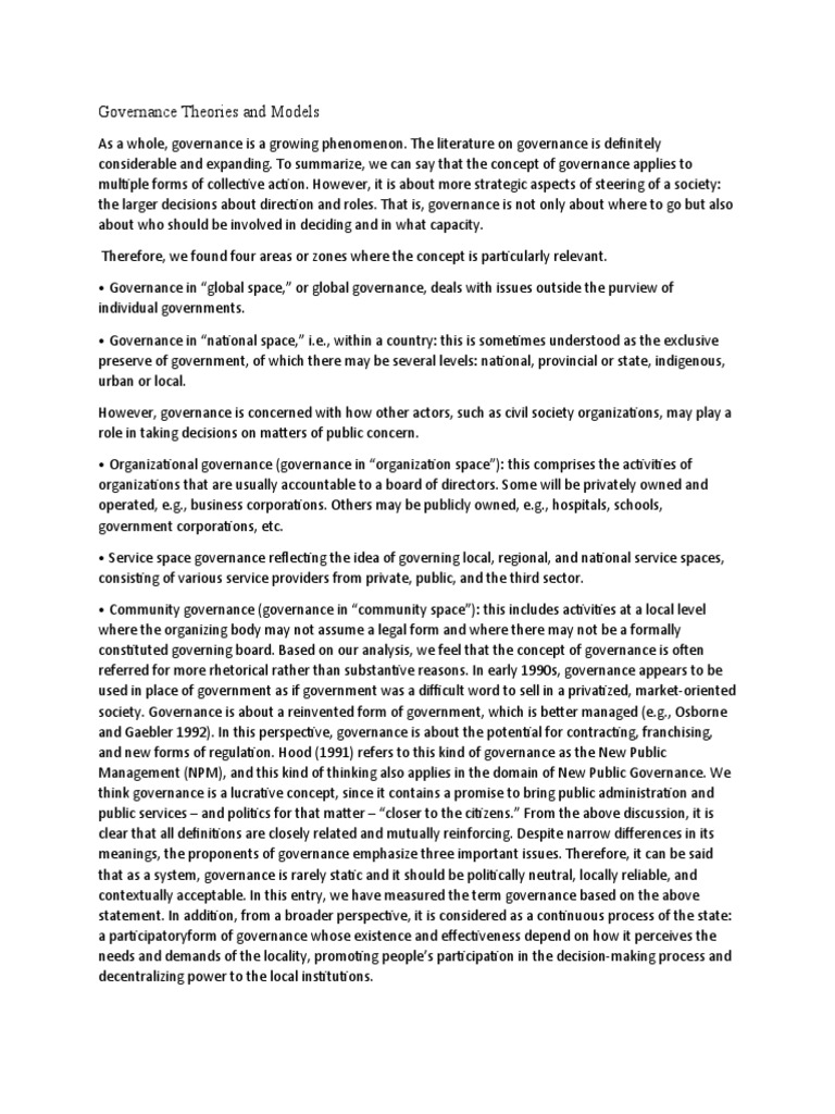 Governance Theories and Models Overview | PDF | Good Governance ...