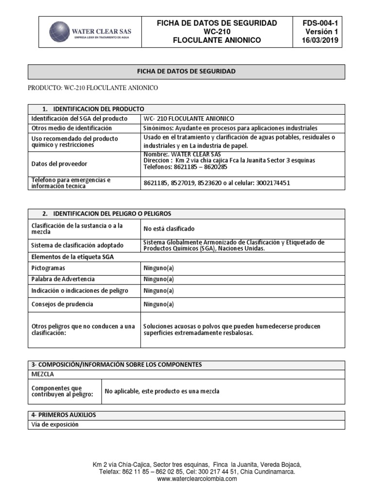 Anexo D. Ficha de Seguridad de Floculante | PDF | Toxicidad | Agua