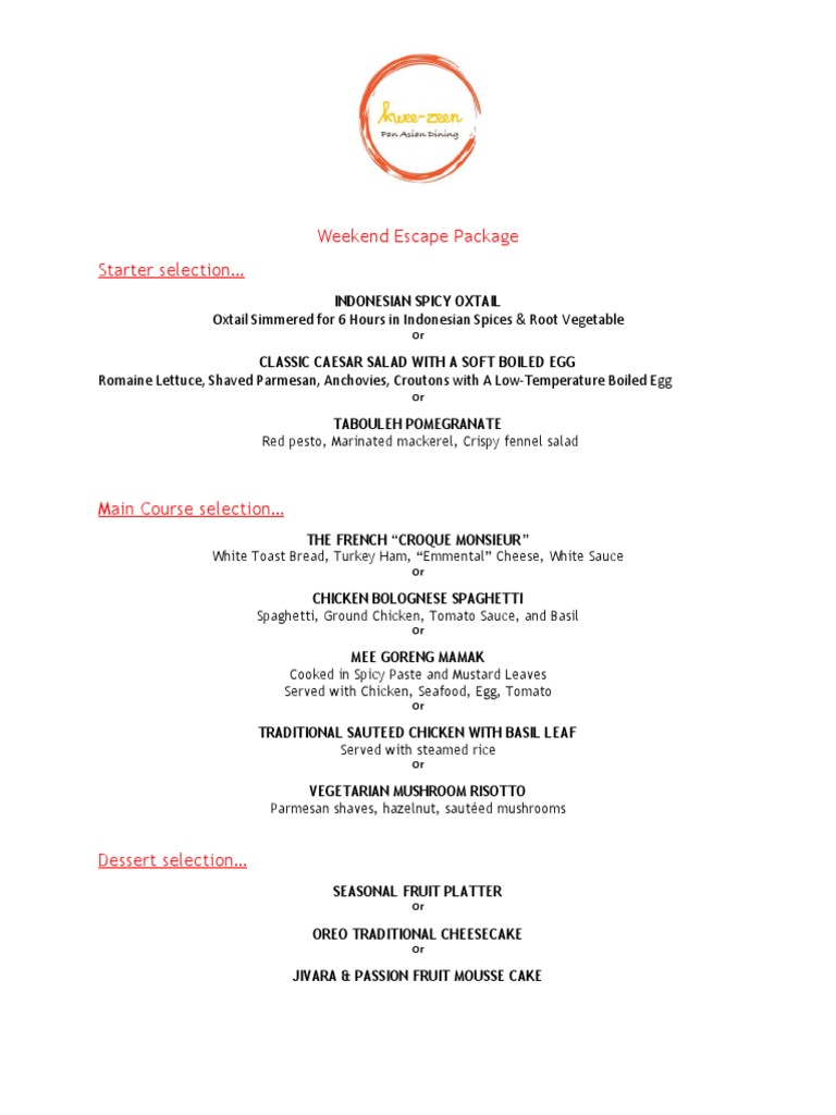 Kwee Zeen Dinner Set Menu cx91qs | PDF