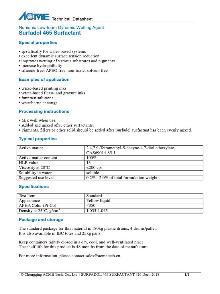 Surfadol 465 Surfactant: Special Properties | PDF