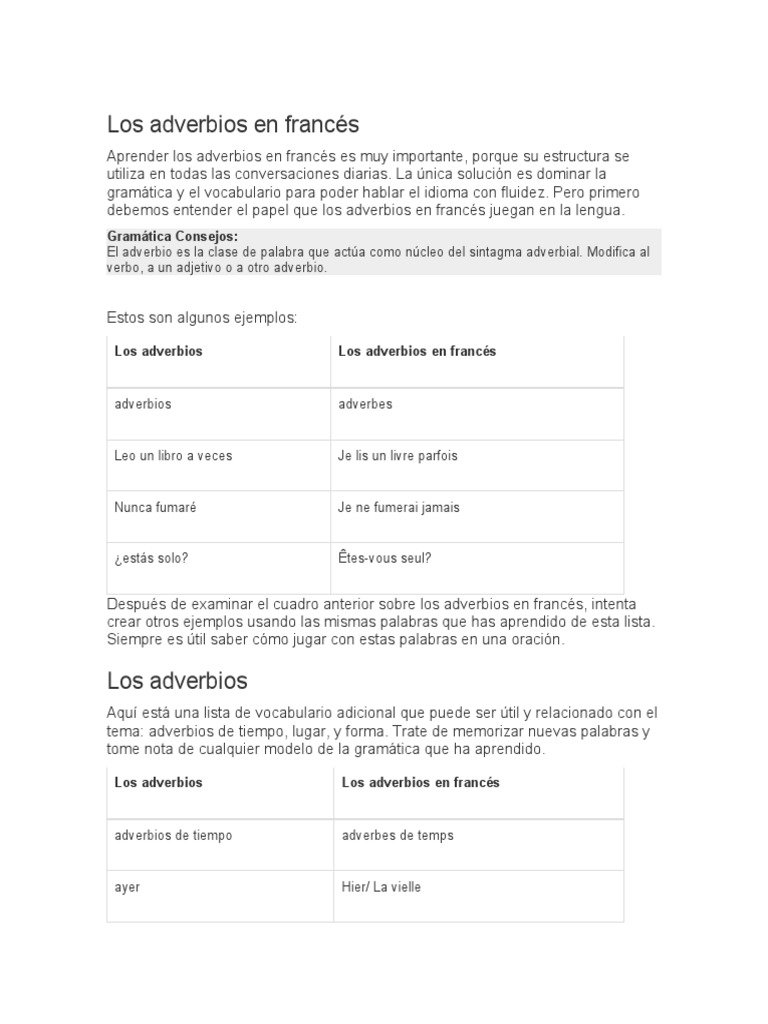 Los Adverbios en Francés | PDF | Adverbio | Mecánica del lenguaje