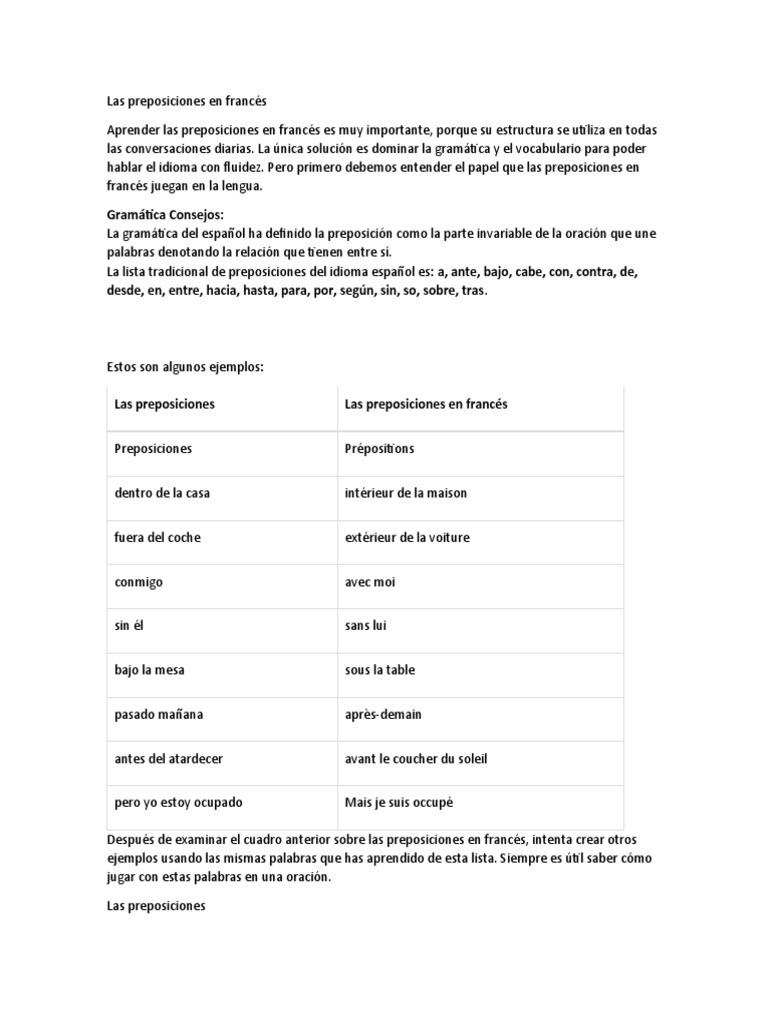 Las Preposiciones en Francés | PDF | Idioma francés | Preposición y ...
