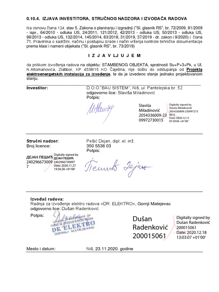 4 - Izjava Projekat El - Energ - Inst - PZI PIO sl-1 | PDF