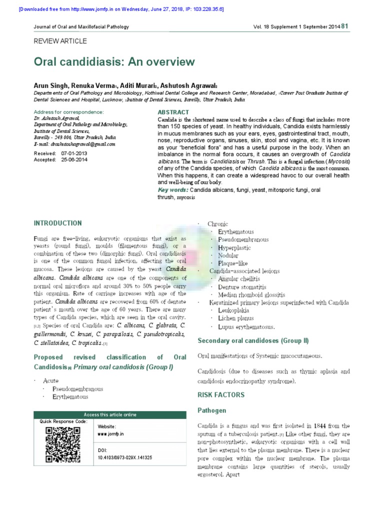 Oral Candidiasis: An Overview: Arun Singh, Renuka Verma, Aditi Murari ...