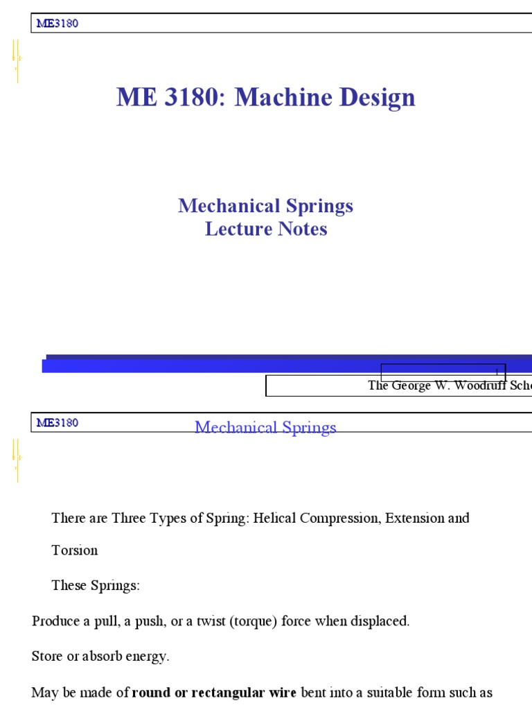 ME 3180: Machine Design: Mechanical Springs Lecture Notes | PDF