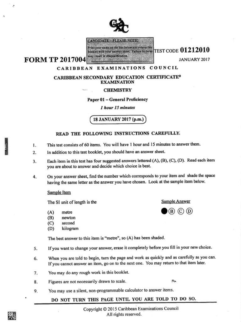 CSEC Chemistry January 2017 P1 | PDF