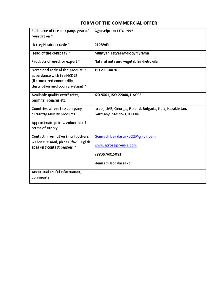 Agroselprom Commercial Offer | PDF
