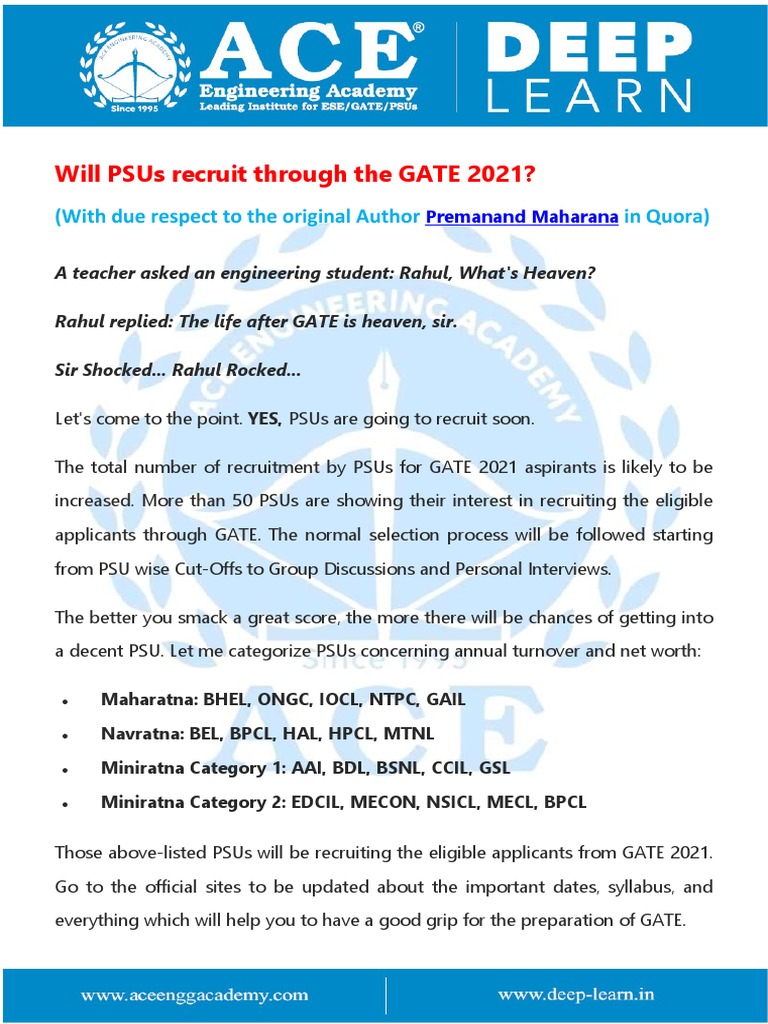 PSUs Recruitment Through GATE 2021 | PDF | Career & Growth