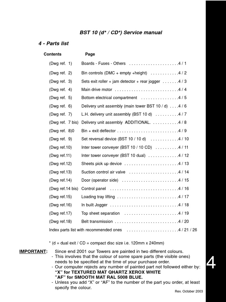 BST 10 (D / CD ) Service Manual 4 - Parts List: Important | Download ...