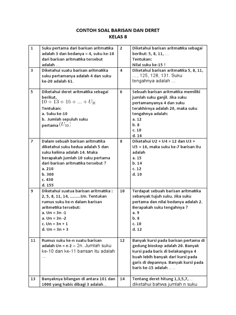 Contoh Soal Barisan Dan Deret Kelas 8 | PDF