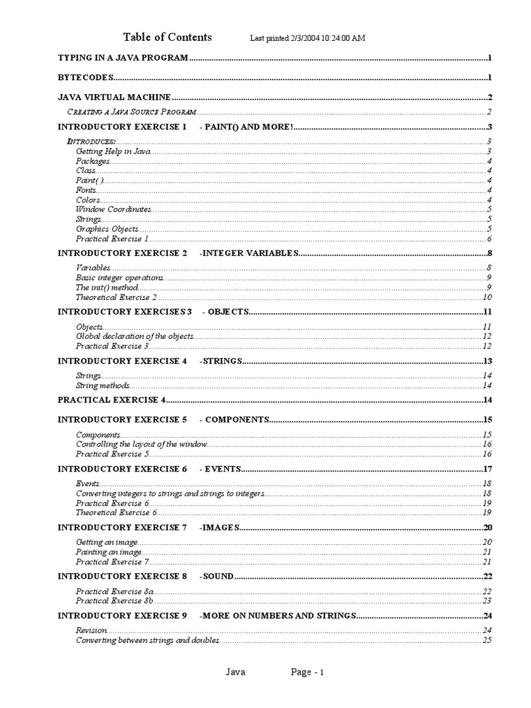 Java Table of Contents guide | PDF | Java (Programming Language ...