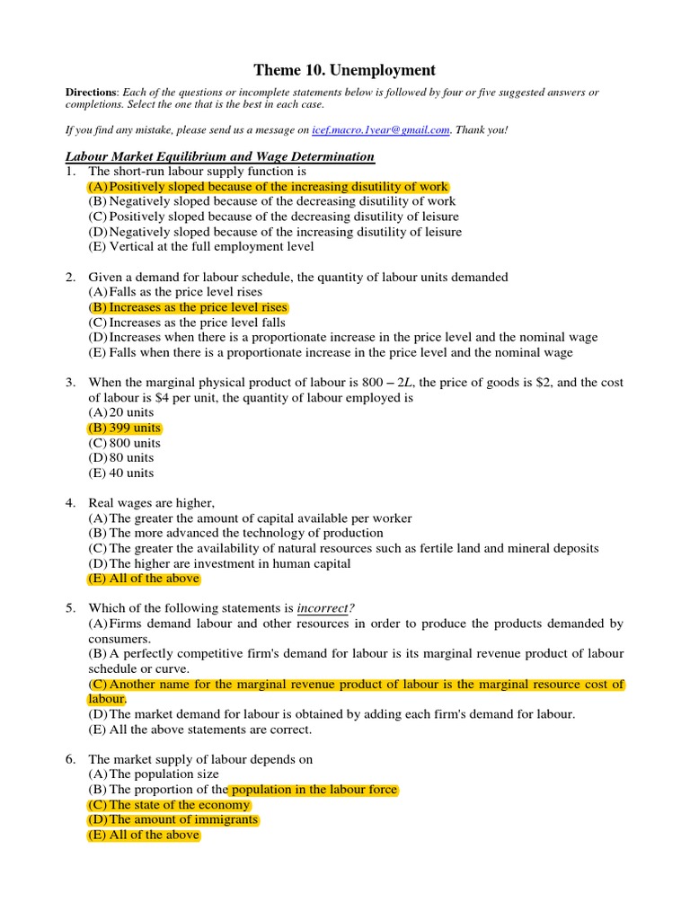 Unemployment (Multiple Choice Questions) | PDF | Labour Economics ...